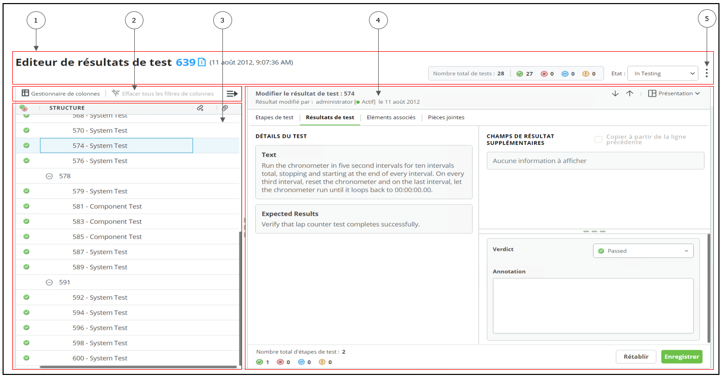 Interface utilisateur de l'éditeur de résultats de test