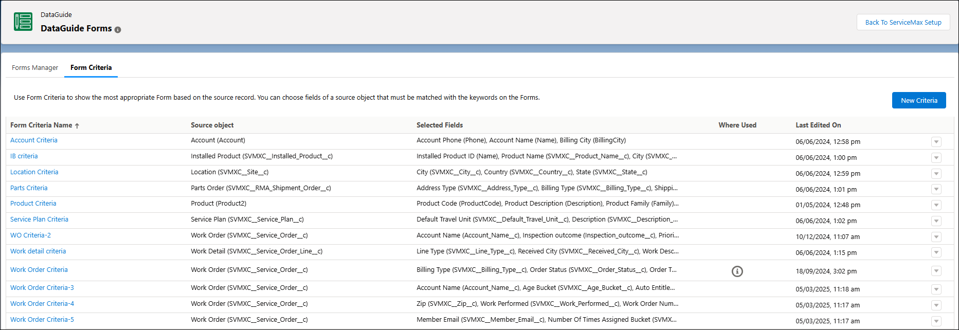 Viewing Form Criteria List