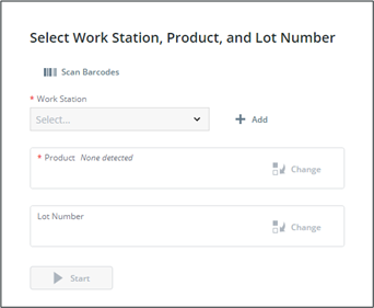 Work Station, Product, and Lot Number Selection