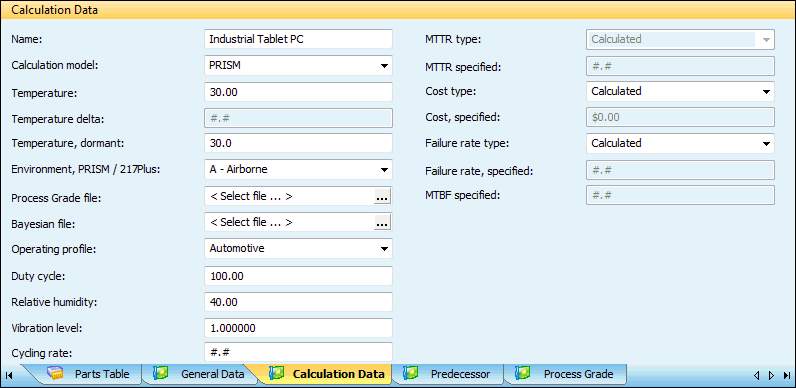 Calculation Data for 217Plus Parts Stress or PRISM Model